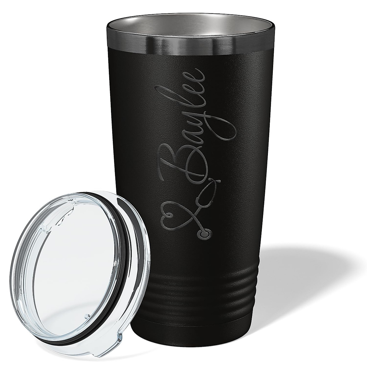 Personalized Heart Stethoscope Tumbler Gift for Nurse, RN, LPN, CNA, CMA, MA on Black with Ion Ghost Black Design 20 oz Stainless Steel Tumbler with Lid - Insulated Cup - Custom Travel Mug