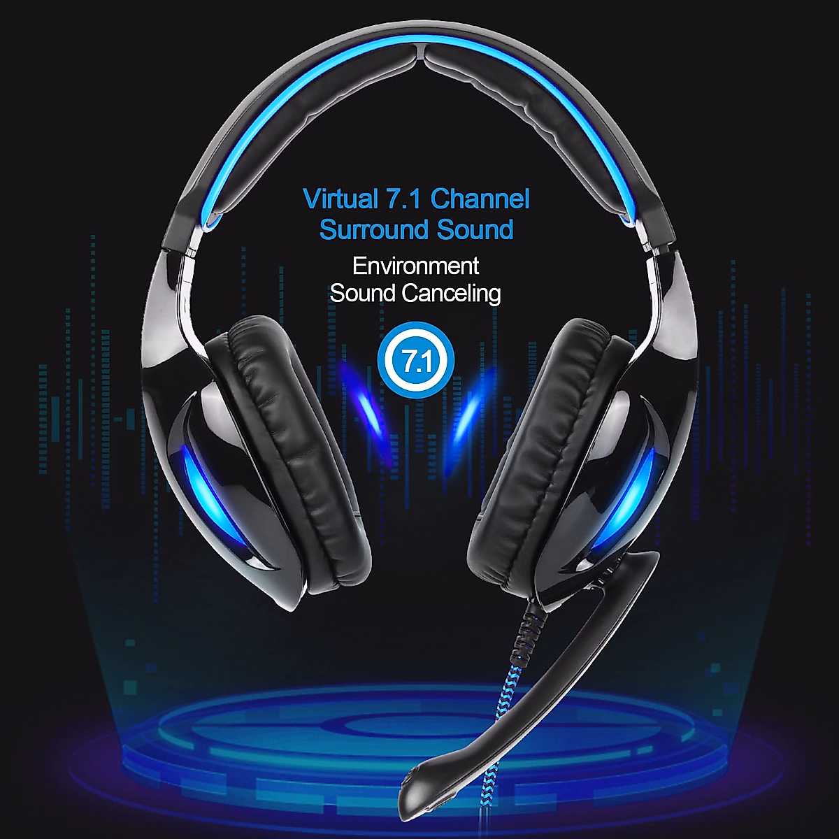SADES SA902 Stereo Gaming Headset 7.1 USB Surround Sound PC Headsets Over-Ear Gaming Headphones with Microphone LED Light Black Blue