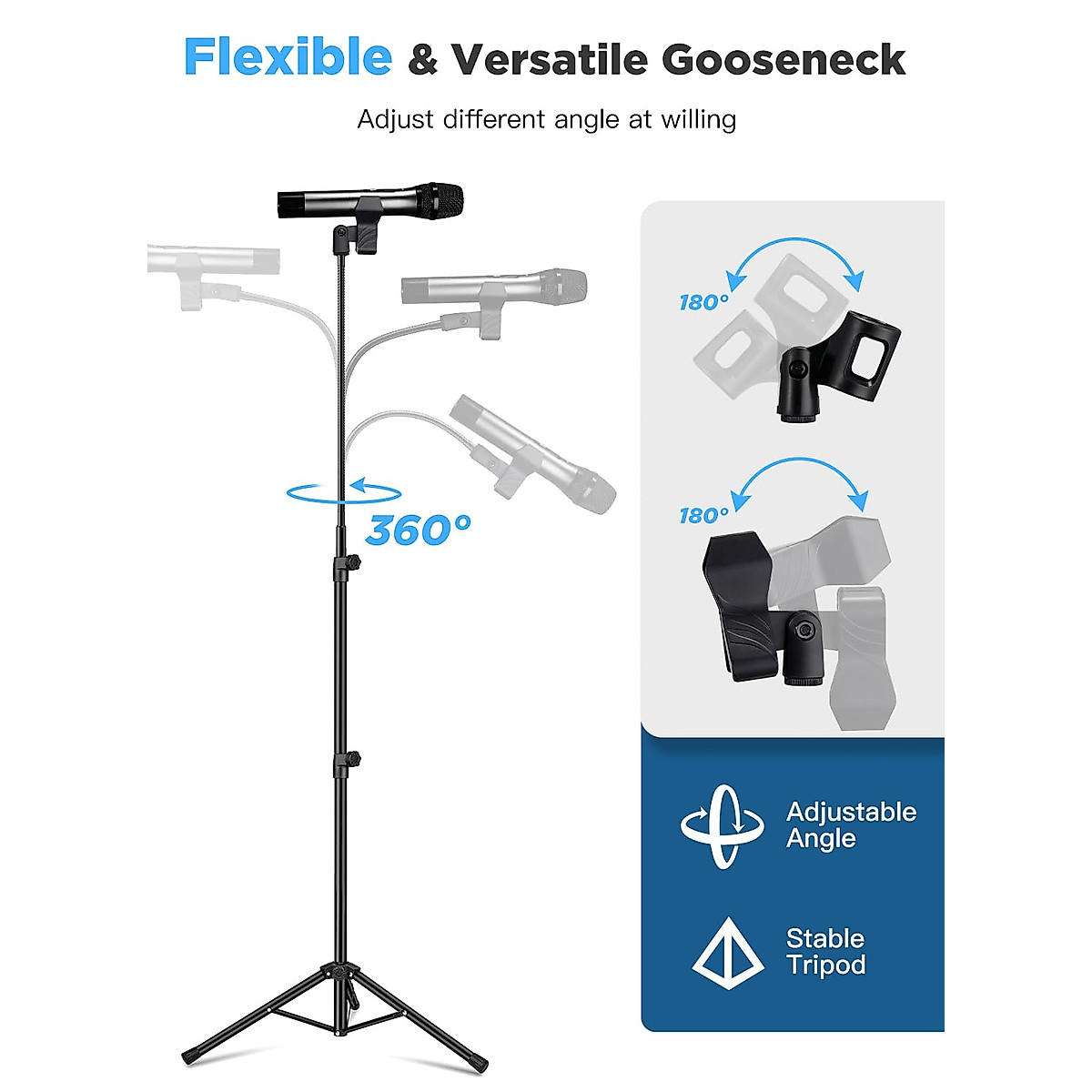 Mic Stand, Bietrun Metal Gooseneck Boom Arm Mic Stand Tripod, Height＆360° Adjustable, with Carrying Bag & 2 Mic Clips,Compatible with Wireless Mic＆Wired Mics for Singing/Wedding/Church/Stage/Party