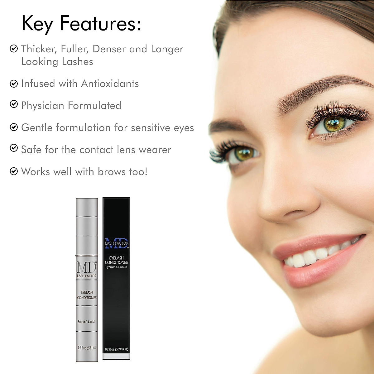 MD Lash Factor Eyelash Growth Serum| Enhances Your Natural Lashes For A Fuller, Longer & Denser Look | Eyelashs Enhancer for Women | 0.2 Fl Oz - 6 Month Supply