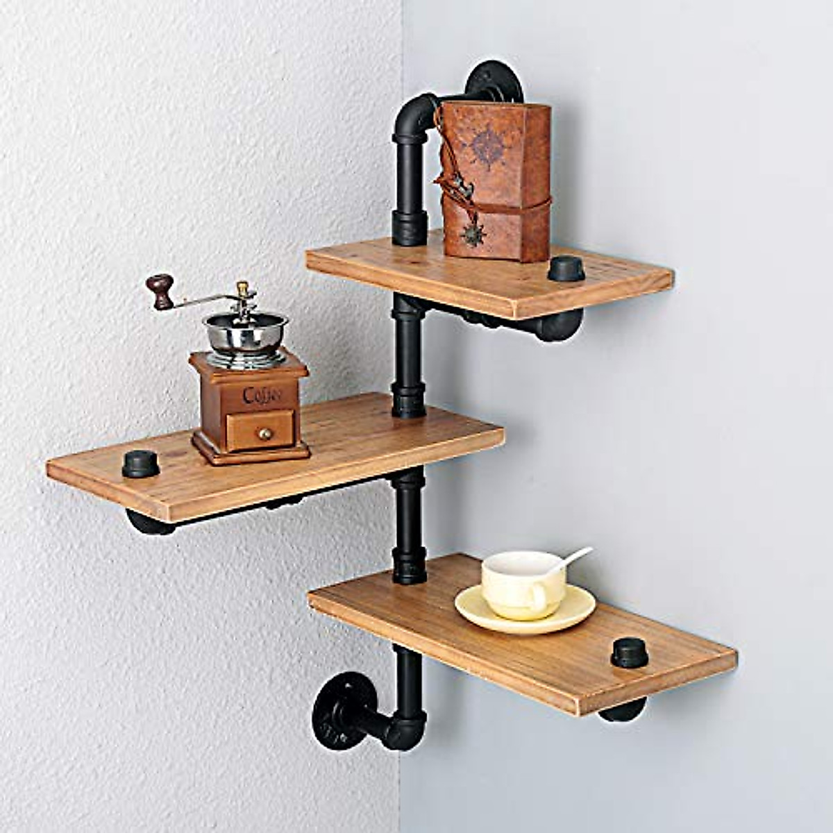 Weven Industrial Pipe Corner Shelves Wall Mount Bookshelf, 3-Tiers Metal&Wood shelves,DIY Storage Shelving Rustic Floating Shelves,Home Decory shelves