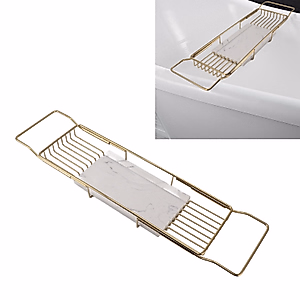 Metal Marble Bathtub Rack, Bathtub Caddy Tray Stainless Steel Shower Caddy Tray with Extending Sides, Bathroom Trays (Gold White)