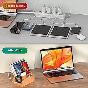 Pezin & Hulin Bamboo Charging Station for Multiple Devices (Included 5 Port USB Charger, 6 Pack Charge & Sync Cables, SmartWatch & Earbuds Stand), Electronic Device Desktop Dock Stations Organizer