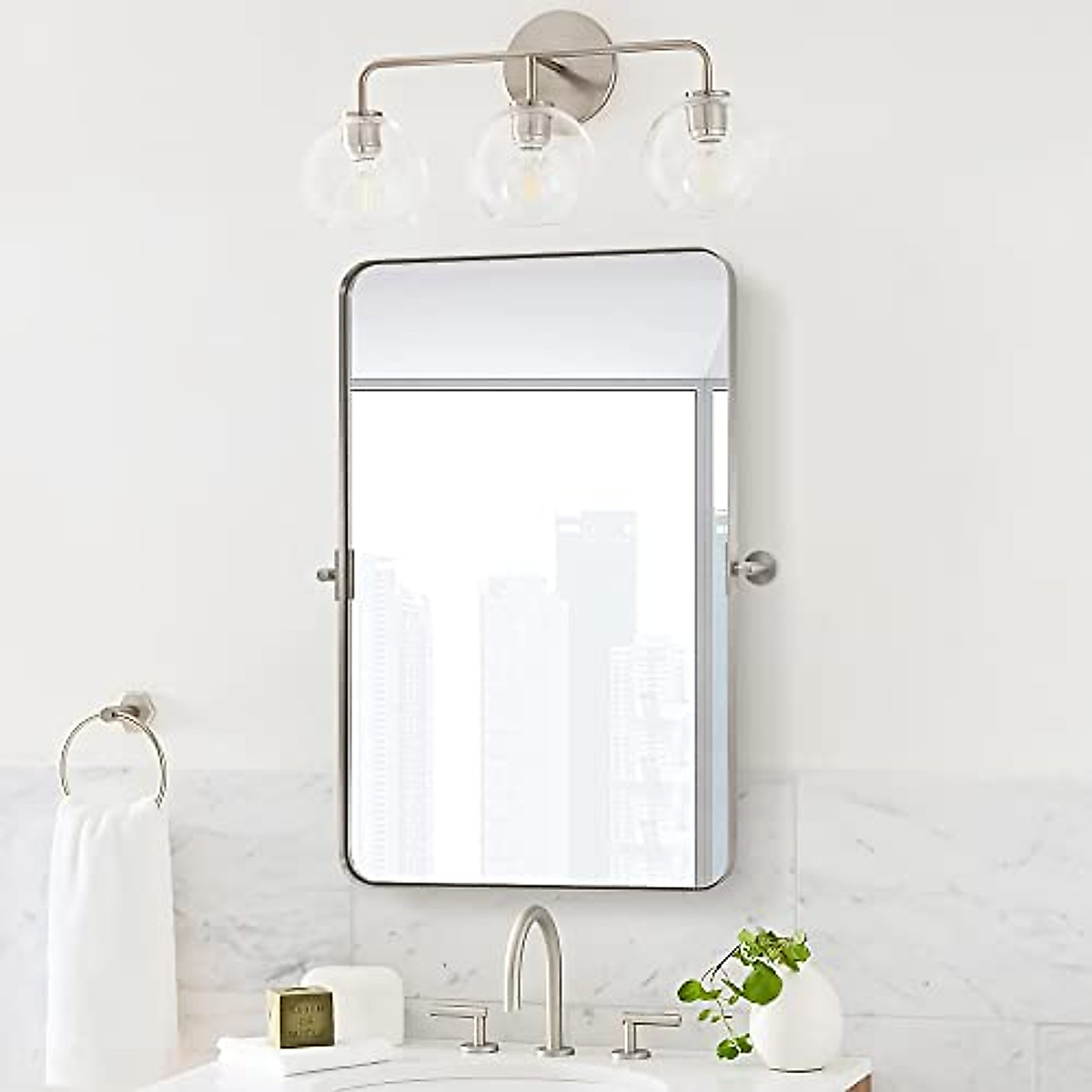 ANDY STAR 22"x34" Brushed Nickel Pivot Mirror for Bathroom, Silver Metal Frame Bathroom Mirrors for Wall，Rectangle Titling Vanity Wall Mirror with Rounded Corner Design Hangs Vertically Only