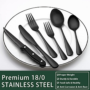 48-Piece Black Silverware Set with Steak Knives, Black Flatware Set for 8, Food-Grade Stainless Steel Tableware Cutlery Set, Kitchen Cutlery for Home Office Restaurant Hotel