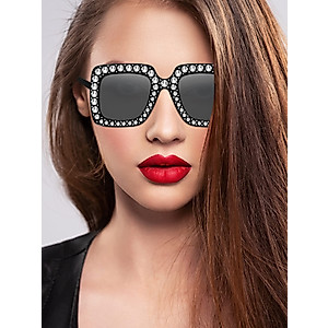 12 Pairs Crystal Oversized Sunglasses Rhinestone Square Diamond Sunglasses Frame Retro Sparkling Glasses for Women Men(Black)