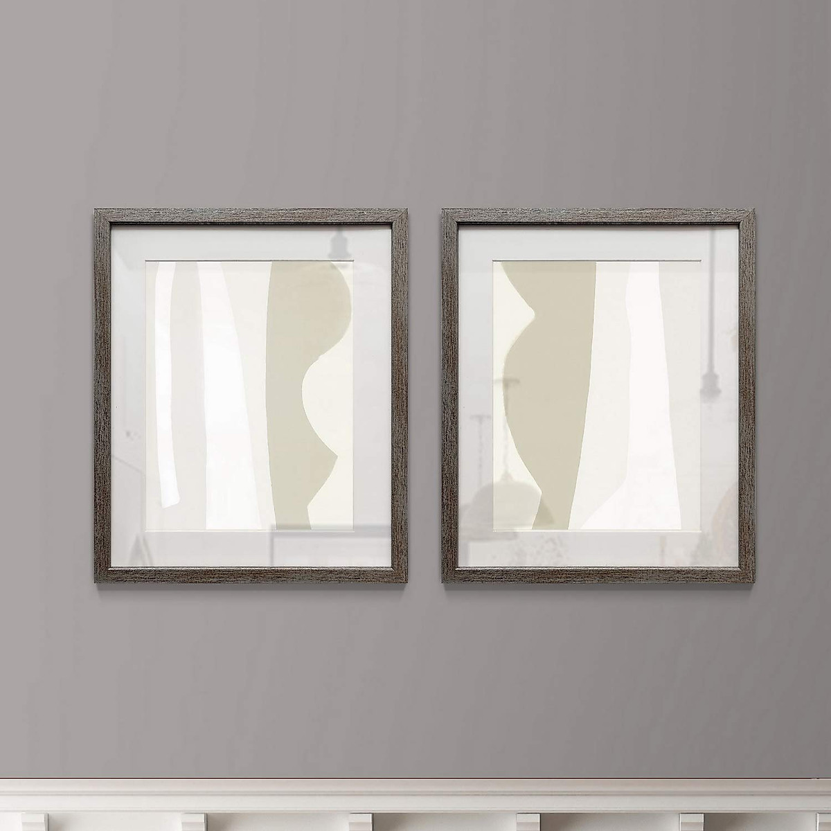 Abstract Wall Art, Rustic Silver Distressed Frame 2-Piece Wall Décor Set: Neutral, Geometric, Floral, Botanical, Modern, Contemporary, Home & Office, Ready to Hang 16x20 - Beige Fundamental