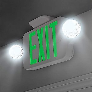 LFI Lights | Combo Green Exit Sign with Emergency Lights | White Housing | All LED | Two Adjustable Round Heads | Hardwired with Battery Backup | UL Listed | (2 Pack) | COMBOJR2-G