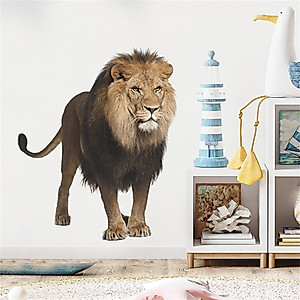 ROFARSO Lifelike Cool Standing Lion Animal Wall Sticker Removable Wall Decal Peel and Stick Wall Art Decoration Home Decor for Nursery Kid Baby Bedroom Living Room Playing Room Mural