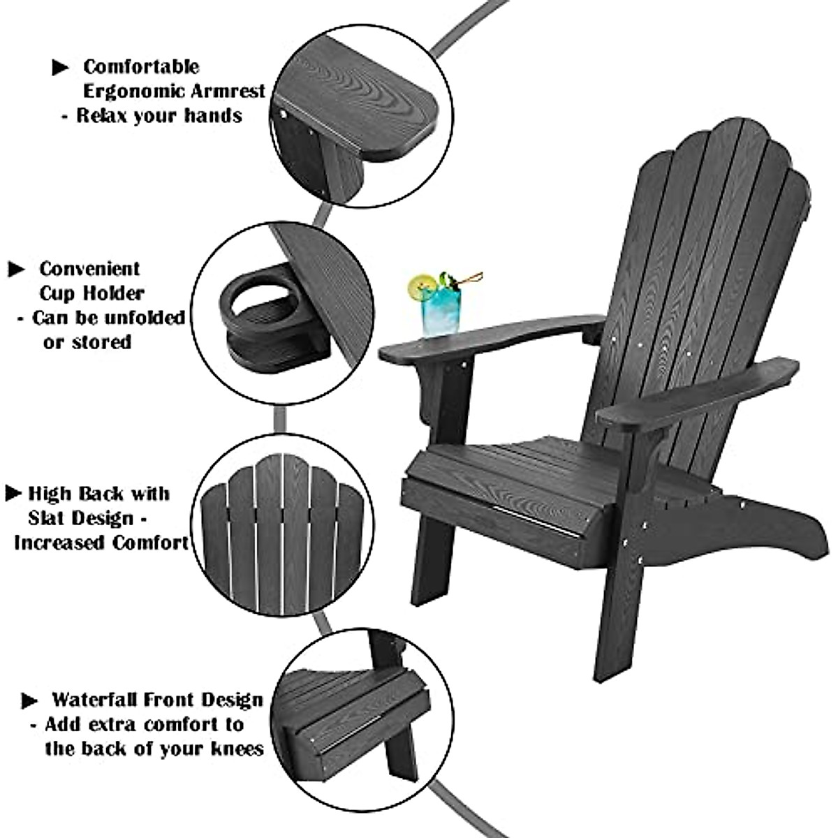 hOmeHua Oversized Adirondack Chair Set of 4, Adirondack Chair Weather Resistant with Cup Holder, Imitation Wood Stripes, Easy to Assemble, Outdoor Chair for Patio, Deck, Fire Pit & Lawn Porch - Black