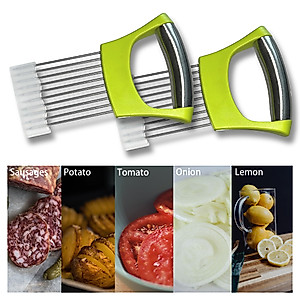 2 PACK Stainless Steel Onion Slicer, Potato Cutter, Lemon, Apple, Tomato, Egg, Meat Slicer/Holder/Chopper, Suitable for Slicing Vegetable, Stainless Steel Cutting Kitchen Gadget/Assistant, Green