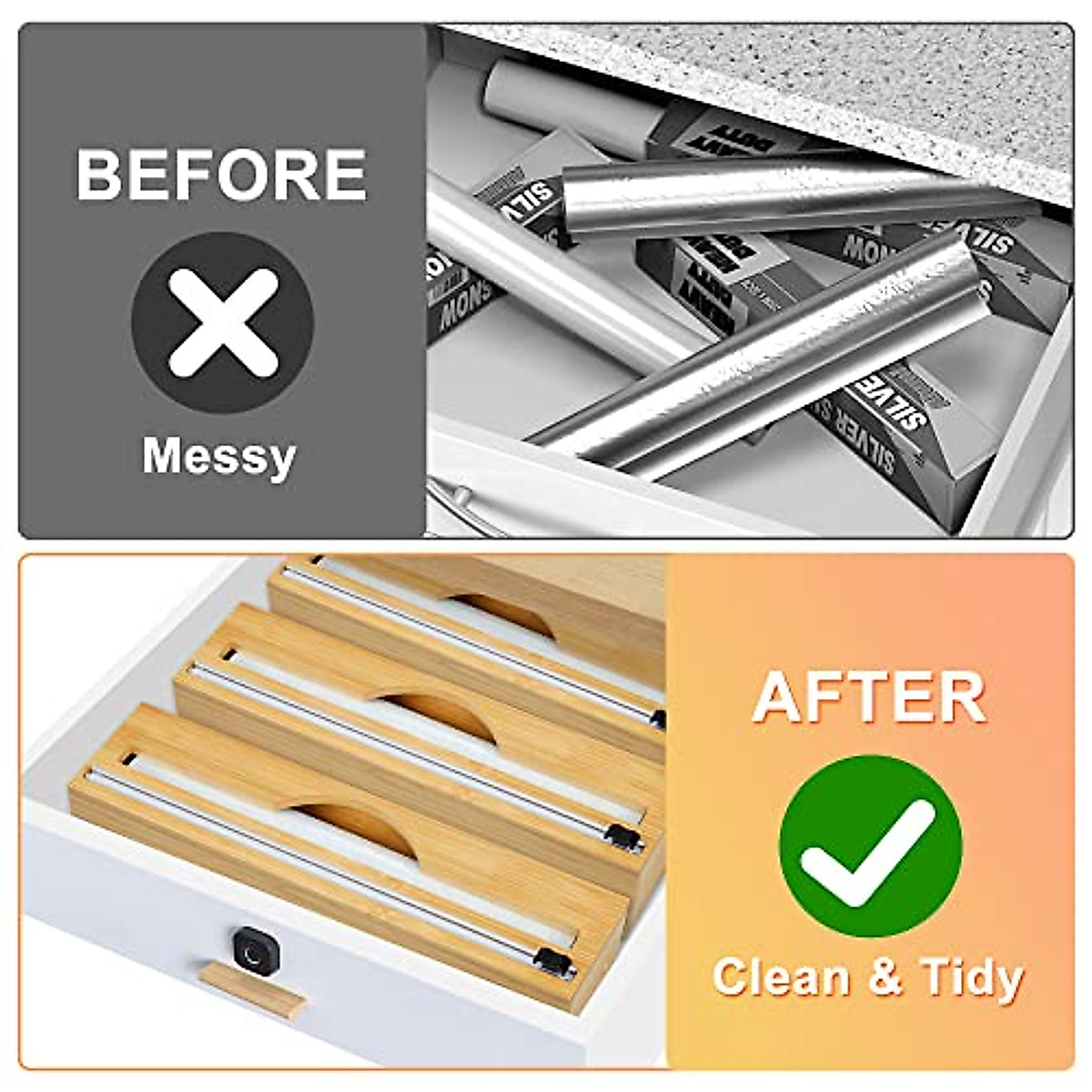 Ziplock Bag Organizer, Wrap Dispenser with Cutter, Plastic Wrap, Aluminum Foil and Wax Paper Dispenser for Kitchen Drawer, Bamboo Roll Organizer Holder