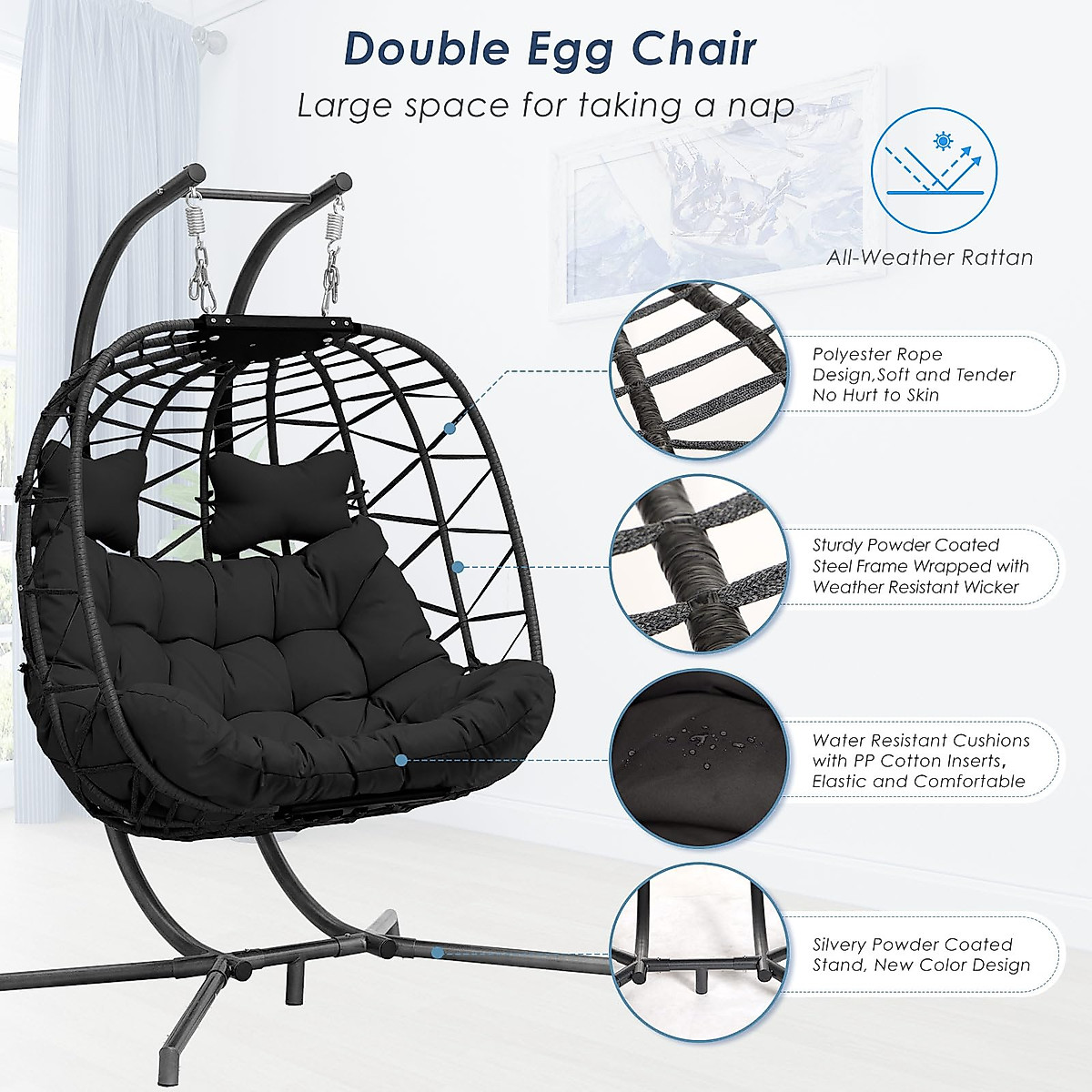 NICESOUL® 2 Seater Egg Swing Chair with Stand Double Person Outdoor Swing 510Lbs Capacity Large Black Hanging Chair Two Person Gray Rattan Black Olefin Cushions 510lbs Capacity