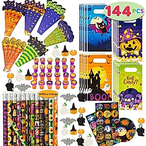 JOYIN 144 Pieces 24 Pack Assorted Halloween Themed Stationery Kids Gift Set Trick Treat Price Party Favor Toy Including Halloween Pencils, Rulers, Stickers, Stamps and Erasers in Trick or Treat Bags