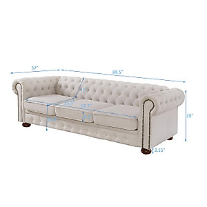 Harper & Bright Designs 3-Seat Chesterfield Sofa with Button Tufted, Nailhead Trim and Solid Wood Legs, Classical Linen Fabric Couch for Living Room, Office, Beige