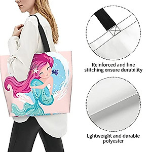Famame Cute Mermaid Girl Canvas Tote Bag Large Women Casual Shoulder Bag Handbag Reusable Multipurpose Shopping Grocery Bag For Outdoors