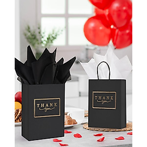 LWBDD 50 Pack Thank You Gift Bags-Small Size Thank You Bags in Bulk With Handles & Tissue Paper for Wedding, Baby Shower, Business, Shopping, Party Favors, Birthday, Hotel Guests (Black-Gold)