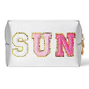 Preppy Patch Sun Toiletry Bag Sunscream PU Leather Makeup Bag Portable Waterproof Cosmetic Bag Small Bag Daily Use Storage Purse Travel Organizer Compliant Bag for Girls Back to School Gifts (White)