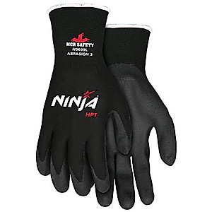 MCR Safety Ninja HPT N9699XL Work Gloves, 15 Gauge Nylon Shell, Hydropellent Technolgy(HPT) Water Repellent Coated Palm & Fingertips, X-Large, black