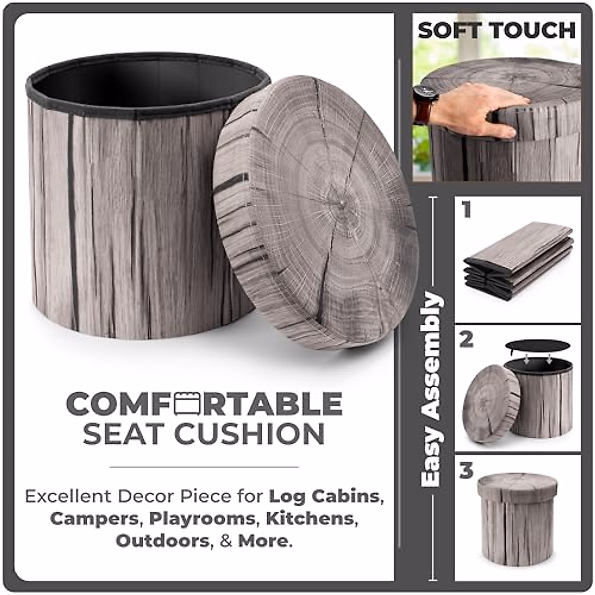 Sorbus Tree Stump Stool, Storage Ottoman 15 Inch Fake Tree Stumps Log Stool Storage, Artificial Tree Trunk, Perfect Footstool Kids Toy Chest, Rustic Log Cabin Decor Bench, Pedestal - Light Gray