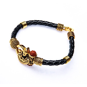Rudraksha Shiv Om Trishul Damroo Kada , Lord Shiva Bahubali Cuff Bracelet | Religious Brass Kada | Free size Bracelet For Maha Shivratri (Shiv Murti _Leather)