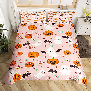 Halloween Pumpkin Decor Bedding Set Cute Ghost Decor Duvet Cover Full, Kids Trick Or Treat Duvet Cover Set for Boys Girls Gothic Pumpkin Lights Kawaii Shadows Pink Room Decor, No Comforter