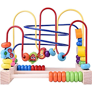 FUN LITTLE TOYS Wooden Baby Beads Maze Toys, Toddlers Roller Coaster Game Cubes, Educational Around Circle Bead Skill Improvement Wood Toy, Sliding Beads On Twists Wire, Boys Girls