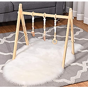 BABY JOY Portable Wooden Baby Gym, Foldable Baby Play Gym Frame with 3 Wooden Baby Teething Toys, Baby Exercise Activity Gym Hanging Bar Newborn Baby Gift (Natural)