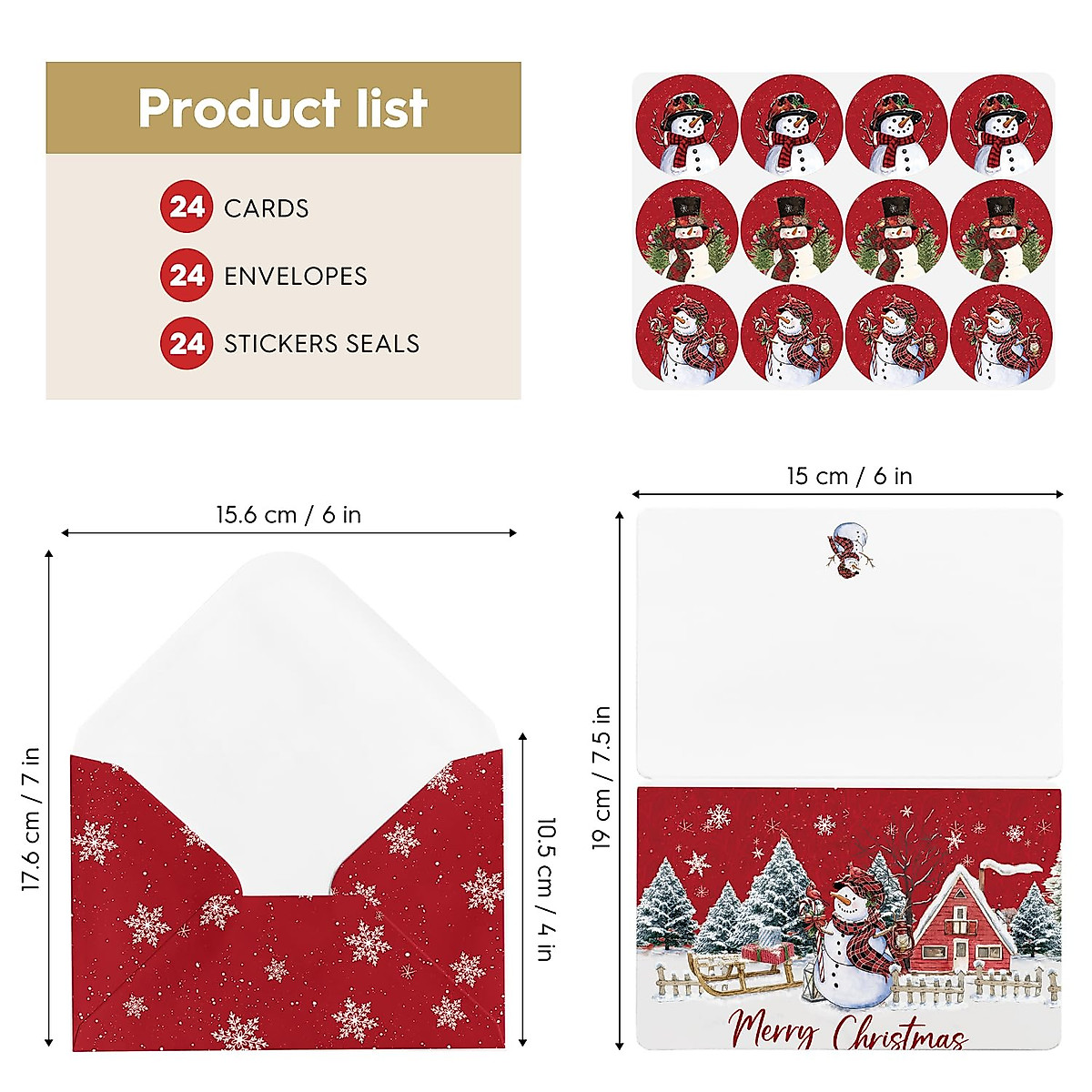 Artoid Mode 24 Pack Merry Christmas Thank You Cards House Snowman Xmas Tree Greeting Cards Gift With Envelope Sticker Blank Note Cards for Birthday Wedding Baby Shower Bridal Shower, 4 x 6 Inch