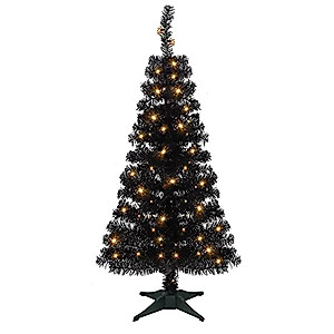 Juegoal Lighted Artificial Halloween Christmas Tree, Pre-lit 4 FT Black Tinsel Xmas Pine Trees, Light up with 70 LED Lights Battery Powered, 8 Modes & Timer for Home Office Party Decorations