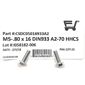 M5-.80 X 16 Hex Head Cap Screw Hex Bolts DIN933 (M5x16) Full Thread A2-70 Stainless Steel (25 Pieces)