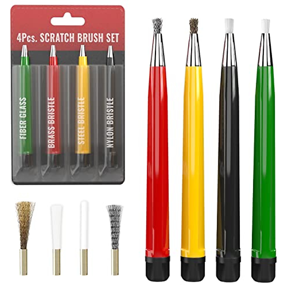 Pixiss Scratch Brush Pen Set with Replacement Tips, Fiberglass, Steel, Brass, Nylon, 5-inches Pen Style Prep Sanding Brush 4-Pack for Corrosion, Rust, Jewelry, Circuit Boards and Auto Body Work