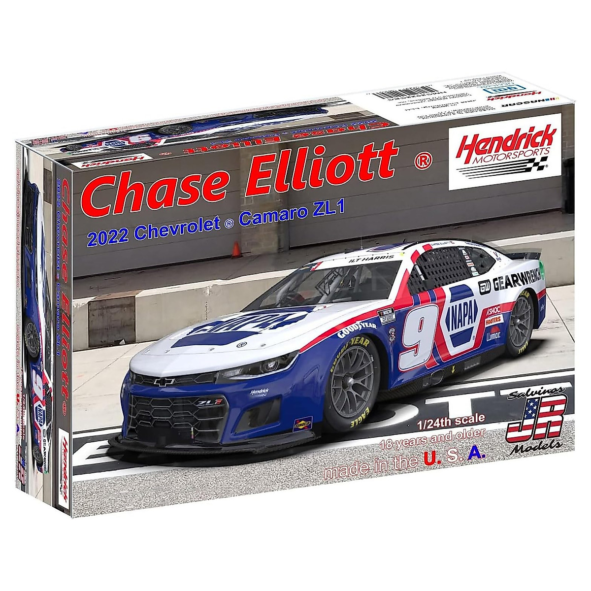 Salvinos J R Model 1/24 NASCAR 2022 Camaro ZL1 Hendrik Motorsport Chase Elliott Patriot Color Plastic Model SJMHMC2022CEC Molded Color