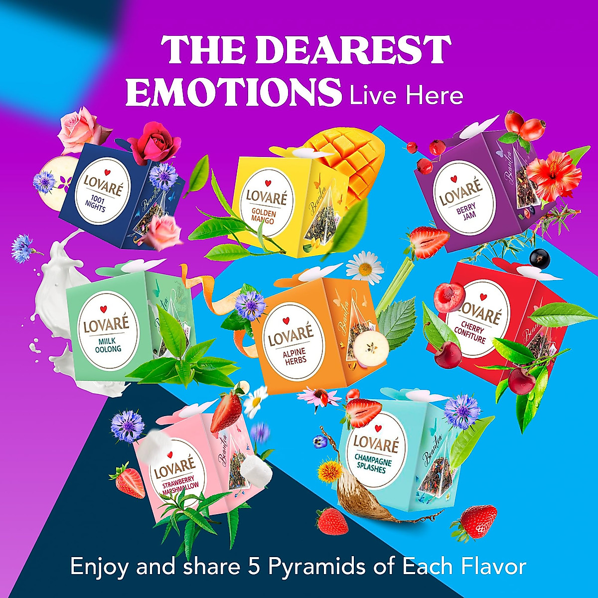 LOVARE Assorted Tea Pyramid Bags 45 Pack - Made in Ukraine - 9 Tastes of Tea Sampler Pyramids - Assortment with Black and Green Tea, Fruits, Flowers, Berries - Flavored Gift Box