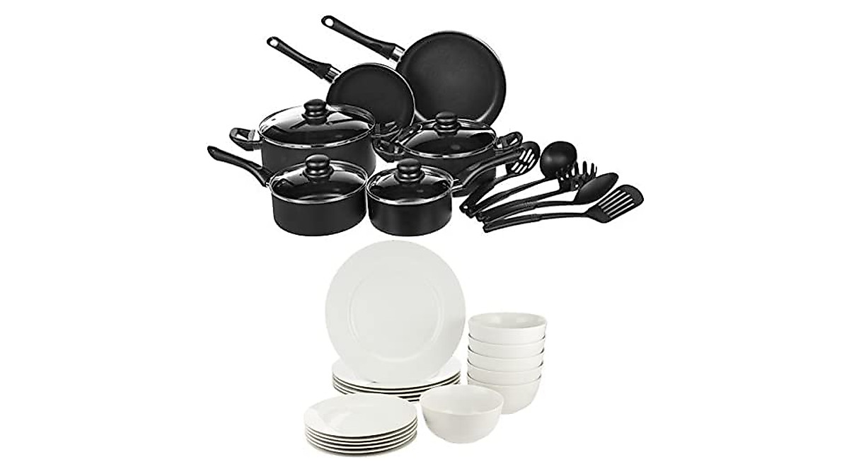 Amazon Basics Non-Stick Cookware & Dinnerware Set