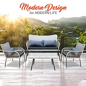 SereneLife SL4PCGR51.3 4 Pcs. Patio Outdoor Rattan Furniture Set-Includes 1 Double 2 Single Chairs with Soft Cushion, and 1 Glass-top Coffee Table Gray, Light Grey