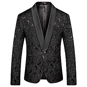 Men's Floral Jacquard Dress Suit Jacket 1 Button Paisley Embroidered Tuxedo Shawl Lapel Blazer for Dinner,Wedding (Black,5X-Large)