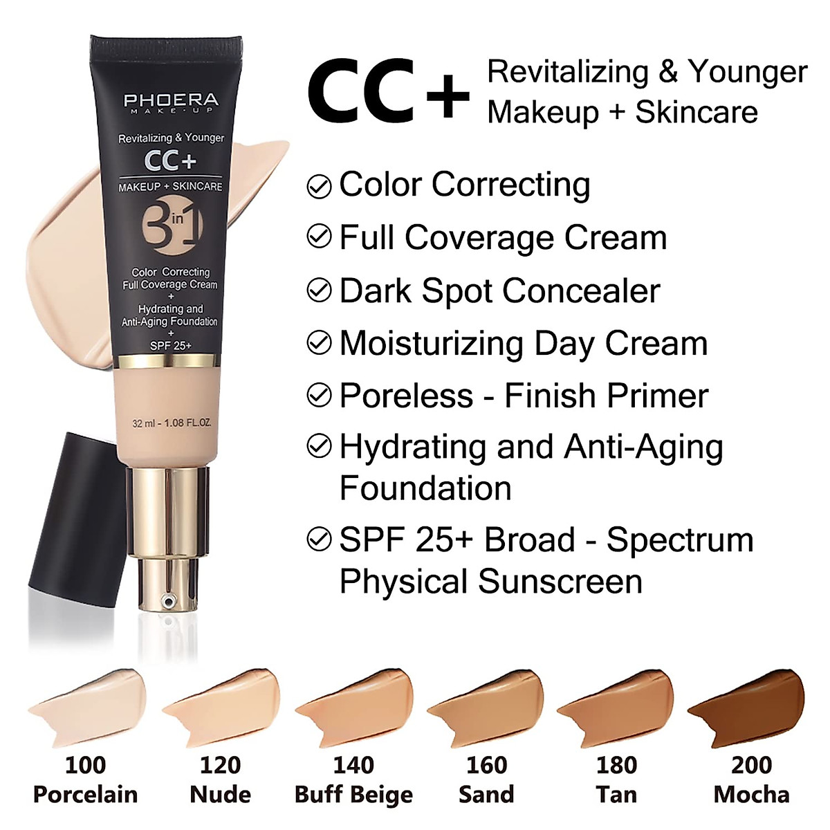 PHOERA CC+ Cream,Full Coverage Foundation，Color Correcting Cream,Anti Aging Hydrating Serum & SPF 25+ Sunscreen - Natural Finish - 1.08 fl oz (120 Nude)