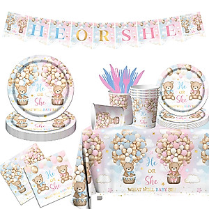 Gender Reveal Decorations, Bear Themed Gender Reveal Plates And Napkins for What Will Baby Be Pink Blue Baby Shower, He or She Gender Reveal Balloon Party Favors