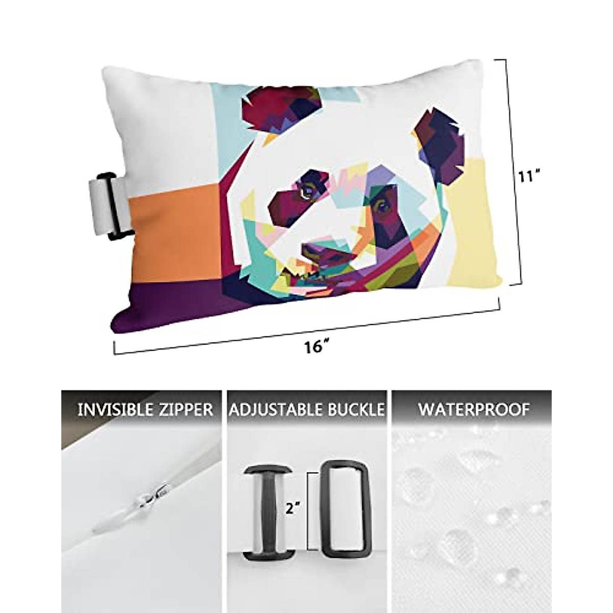 Recliner Head Pillow Ledge Loungers Chair Pillows with Insert Abstract Art Animal Geometric Mosaic Panda Lumbar Pillow with Adjustable Strap Outdoor Waterproof Patio Pillows for Beach Pool, 2 PCS