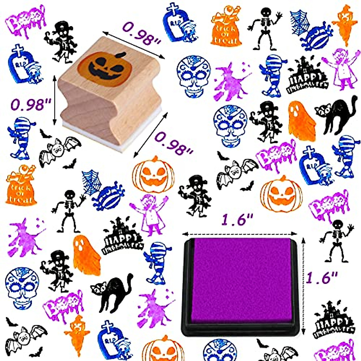 HOWAF 16pcs Halloween Stamps for Kids Crafts with Ink Pad 4pcs, Wooden Stamps for Kids Halloween DIY Scrapbooking Card Making, Halloween Party Bag Fillers for Kids Halloween Party Favor Gift