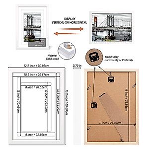 UHFWIFR 11x14 Picture Frames Solid Wood Display Pictures 9x12 or 8x10 with Mat or 11x14 Frame without Mat Poster Photo Frame Art with 2 Mats for Wall Mounting or Table Top(White)