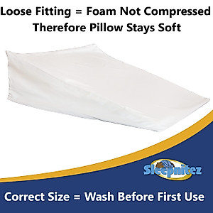 Sleepnitez Bed Wedge Pillow Case Cover, White Loose Fitting 100% Egyptian Cotton Wedge Pillowcase for Our 8" Wedge Pillow. Zip Closure for Easy Removal.