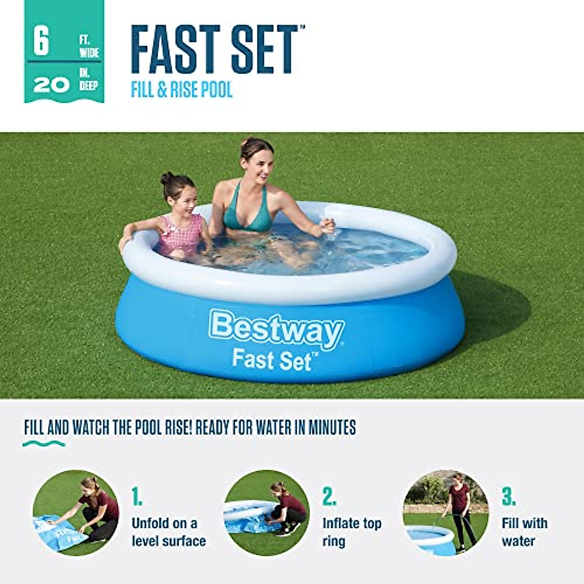 Bestway Fast Set 6 Foot x 20 Inch Round Inflatable Above Ground Outdoor Swimming Pool with 248 Water Capacity and Repair Patch, Blue (Pool Only)