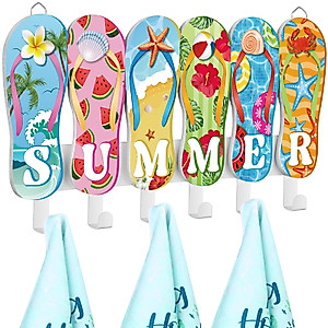 Teenyyou Pool Towel Hooks Flip Flop Shaped Wooden Ornament Hooks with 6 Hooks Hawaii Decorative Wall Hooks Sandal Towel Rack Hangers for Beach Area Outdoor Swimming Pool Bathroom Bedroom Decoration