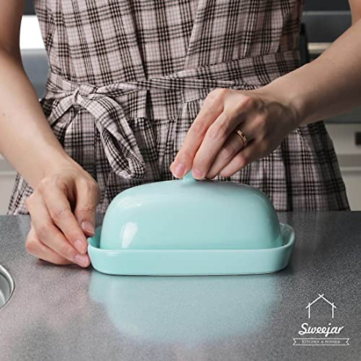 SWEEJAR Ceramics Butter Dish with Lid, Butter Keeper Container, East/West Coast Butter, 7 inches (Turquoise)