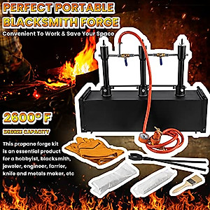 Triple Burners Portable Propane Gas Forge Three Burners 2600°F/1425℃ Large Capacity Square Forging Furnace for Blacksmithing Farrier Knife Tool Making Equipment with Tong & Gloves