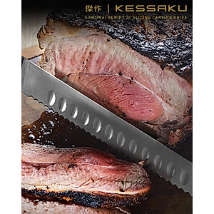 KESSAKU 14-Inch Slicing Carving Knife - Samurai Series - Serrated Granton Edge - Forged High Carbon 7Cr17MoV Stainless Steel - Pakkawood Handle with Blade Guard