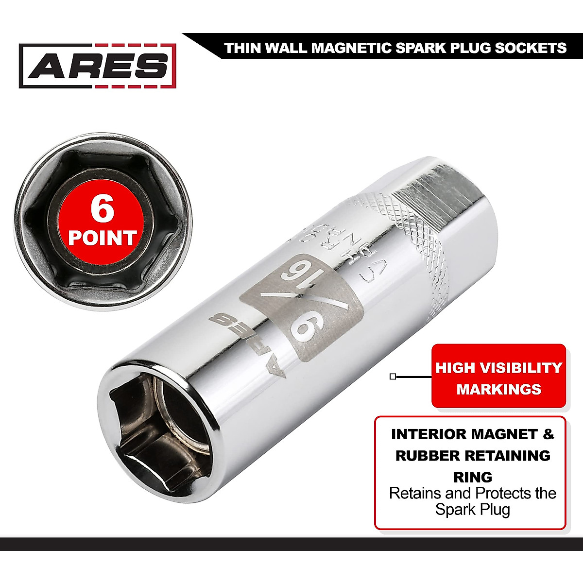 ARES 11016-5-Piece Magnetic Spark Plug Socket Set - Includes 14mm and 16mm Thin Wall Sockets and 9/16-inch, 5/8-inch, and 13/16-inch Sockets - Convenient Reusable Storage Rail Included