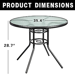 35.4"Outdoor Bistro Table Round Patio Dining Table Coffee Table Side Table with Umbrella Hole, Outdoor Indoor Banquet Furniture with Metal Frame and Glass Top for Garden Backyard Porch Lawn Deck,Black
